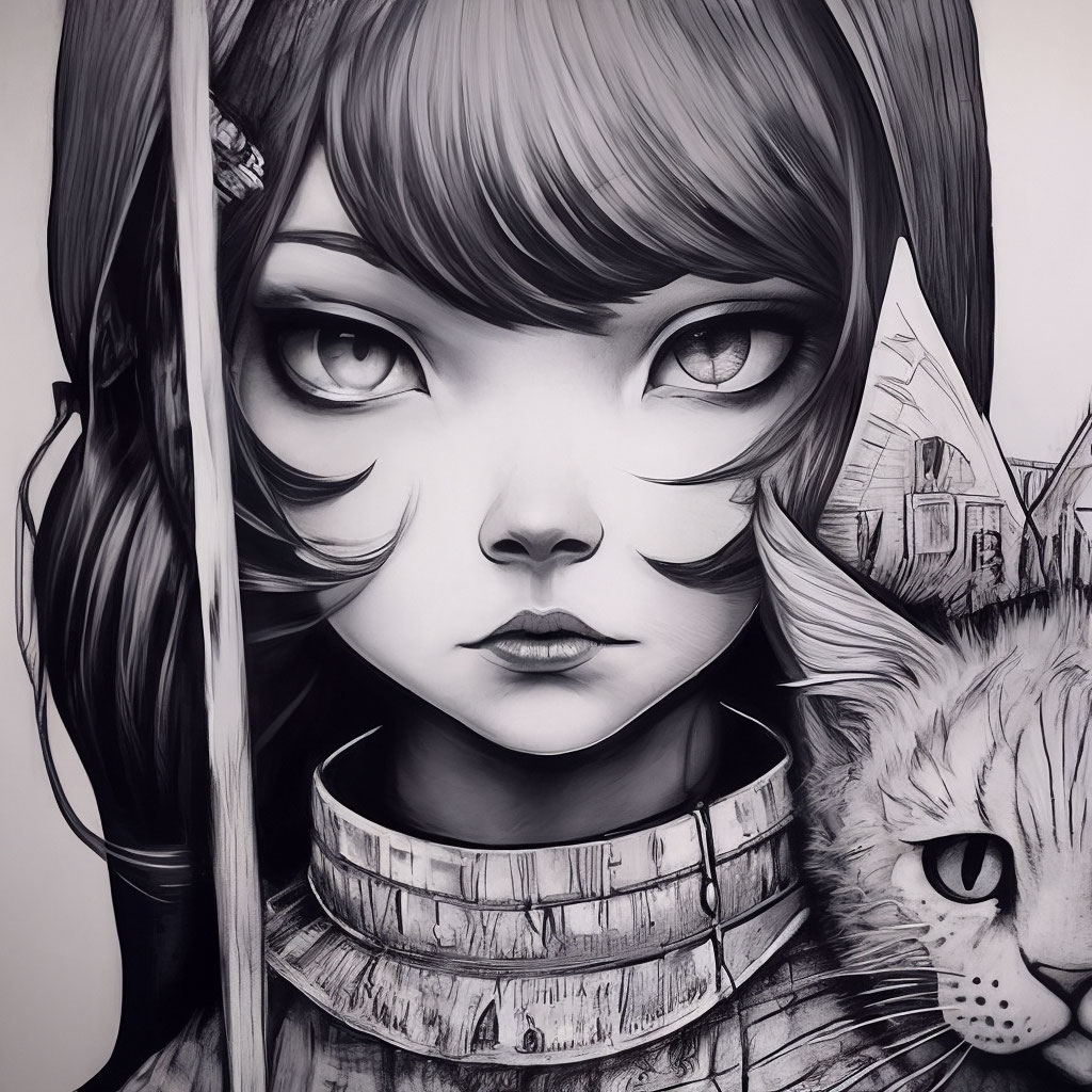 "A girl with a scythe, ink drawing,half a girl's face, half a cat ...