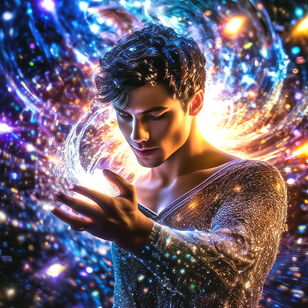 "Light energy, man, waist-high photo, energy in hands, light elemental ...