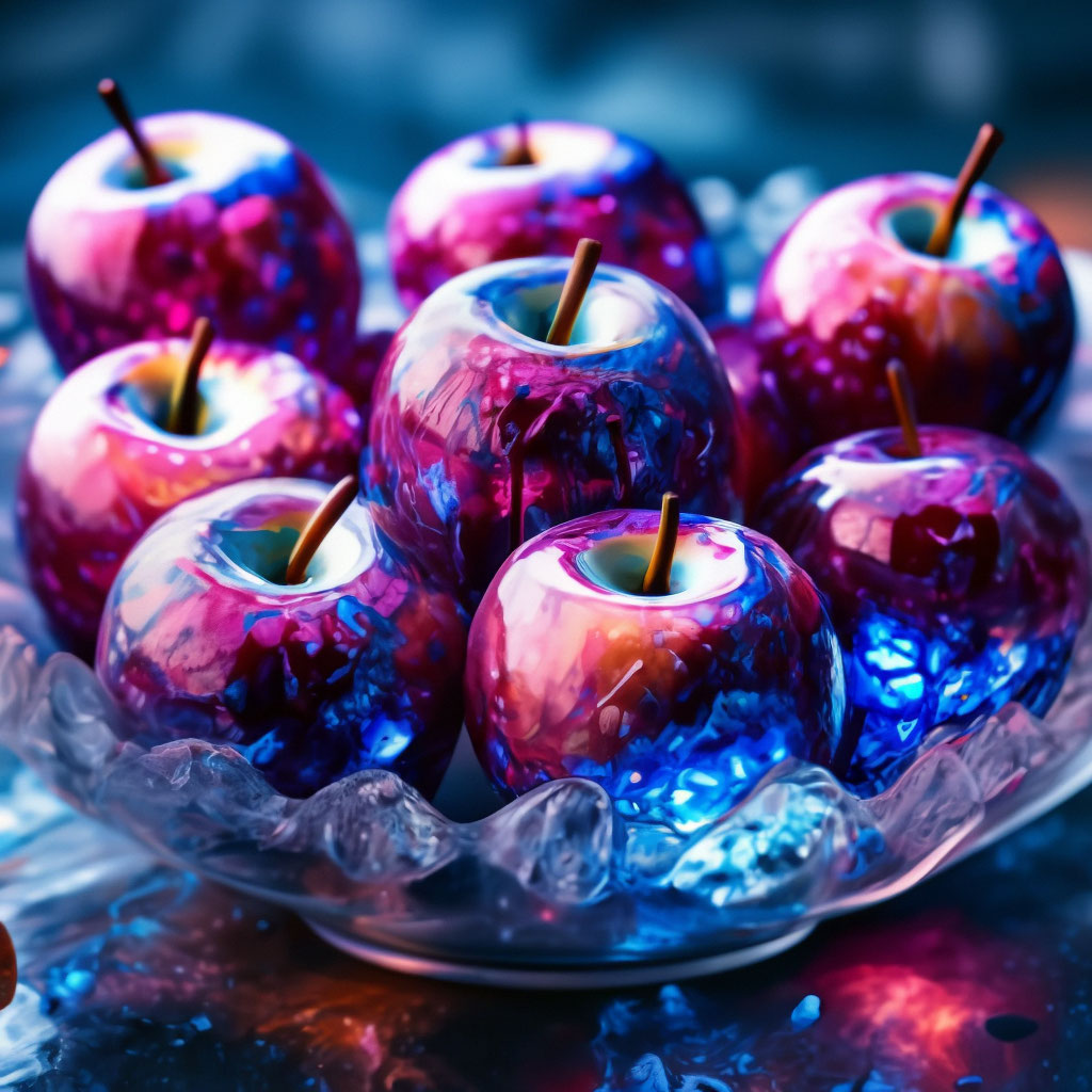 "A plate filled with epic crystal apples with a blue life glowing ...