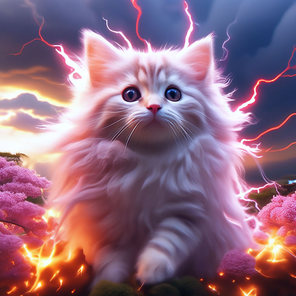 "Hyper-realism, overdetalization, super-fluffy alien cute cat, fiery ...