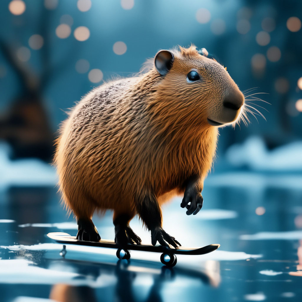 "Capybara skating on thin luminous ice" — image created in Shedevrum
