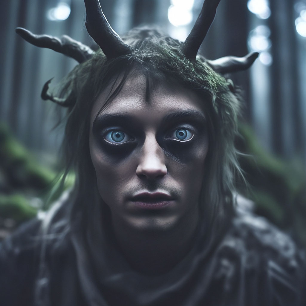 "Mystical guy in the dark forest, hyper-resolution, close-up, big eyes ...
