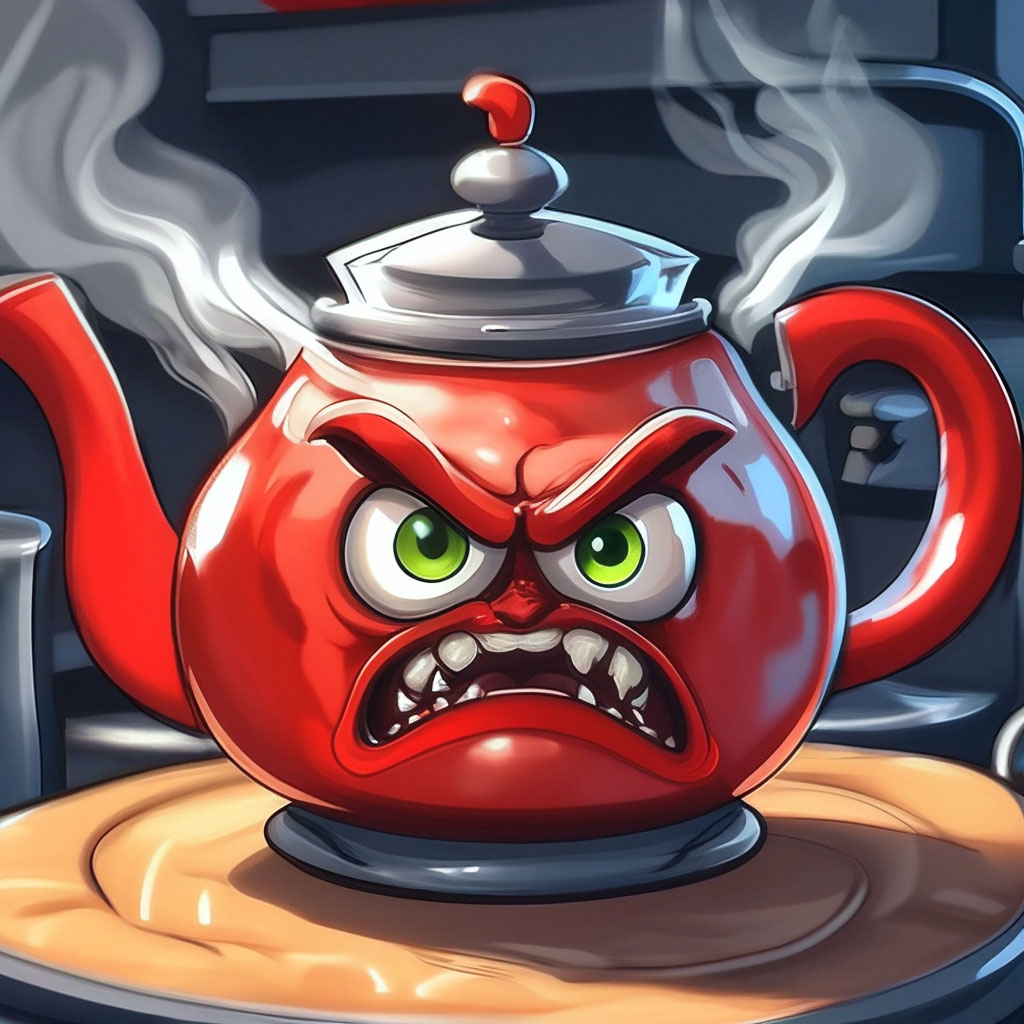 "The kettle is reddened, standing on the stove, steaming, angry, big ...