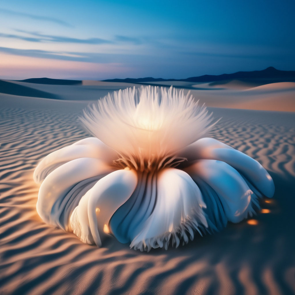 "🌀 in the middle of a snow-white desert on the sand, a giant clam ...