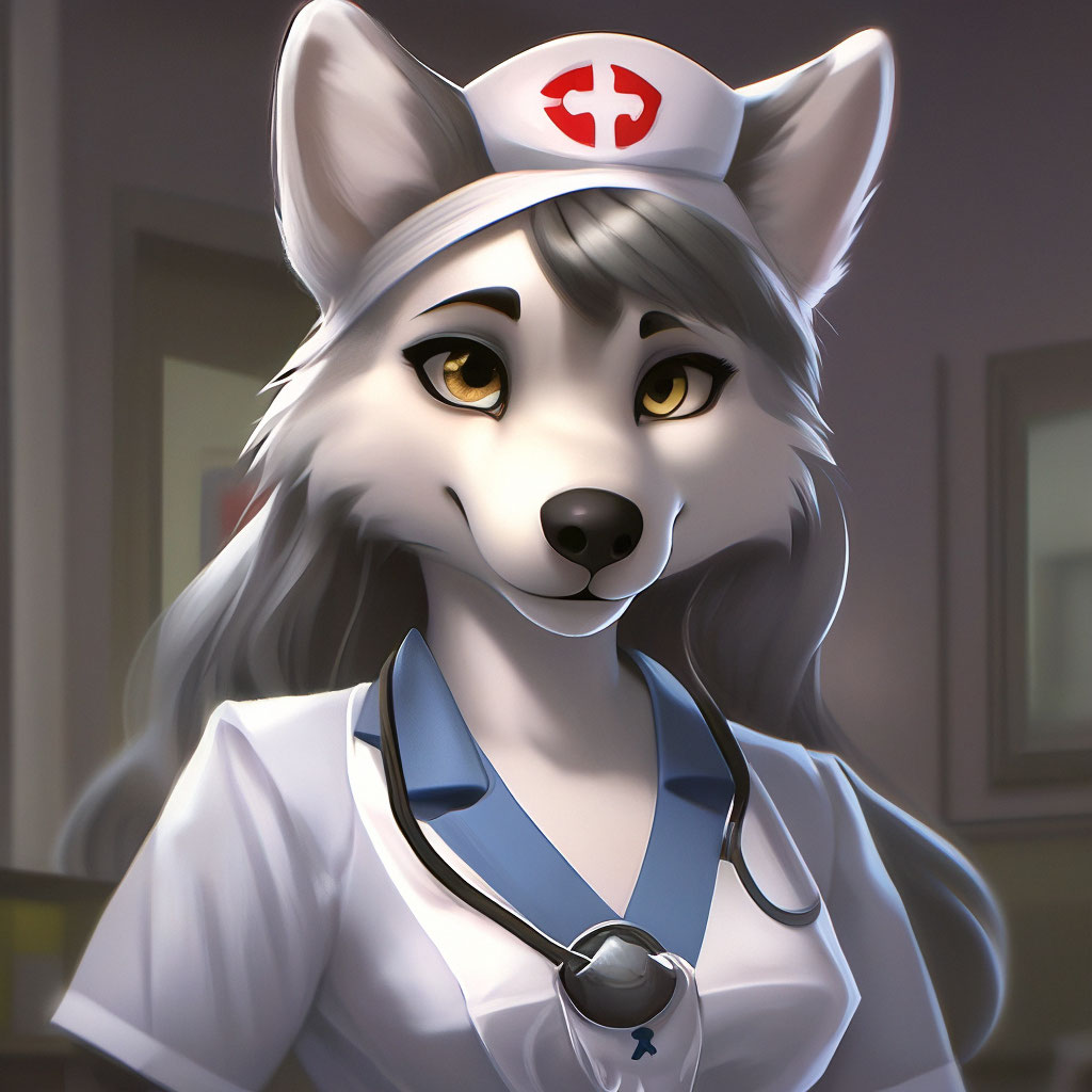 "Husky,husky, anthropomorphic female dog,silver fur, expressive bust ...