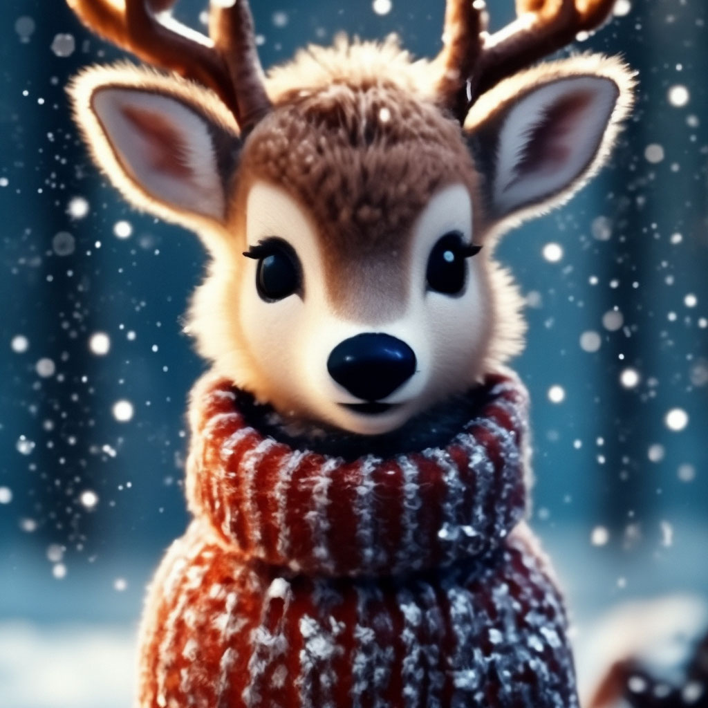 "Cute fluffy fawn in a sweater, snow falls, glitters" — image created ...