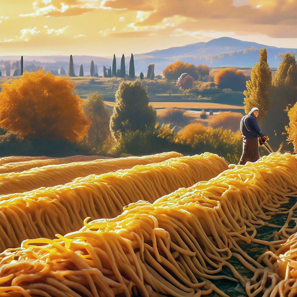 "Autumn fields in Italy, where farmers harvest spaghetti from trees ...