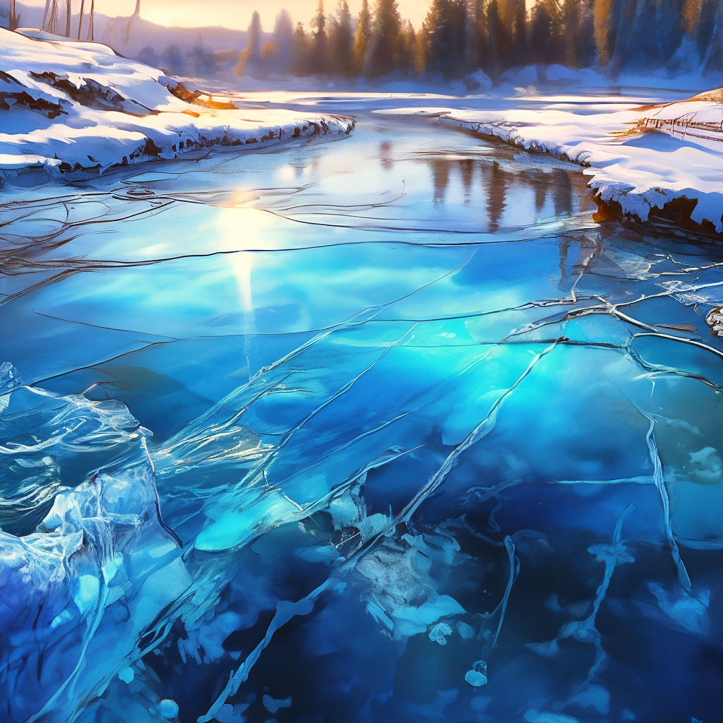 "Transparent frozen lake, top view, bright azure colors,the bottom is ...