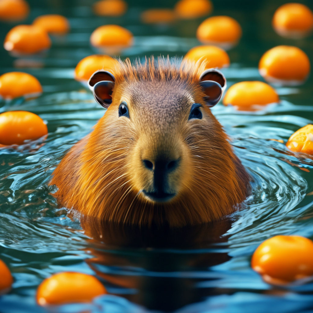 "Cute capybara swims in a lake with oranges" — image created in Shedevrum