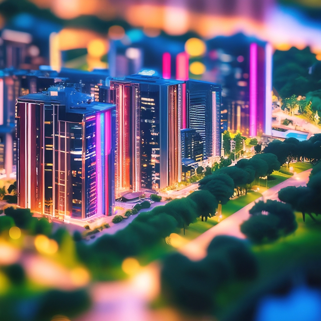 "Stylish city: tall neon buildings in the park, art future, 16k ...