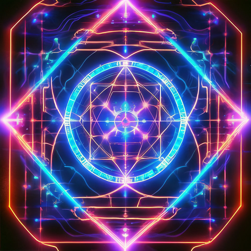 "Tesseract with runes, neon lines" — image created in Shedevrum