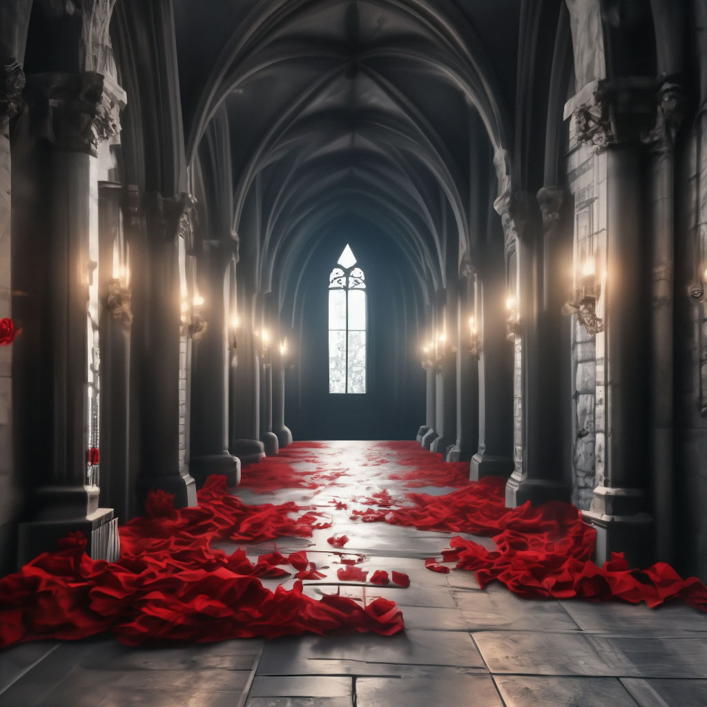 "The corridor of a Gothic castle, scattered scarlet roses like a moat ...