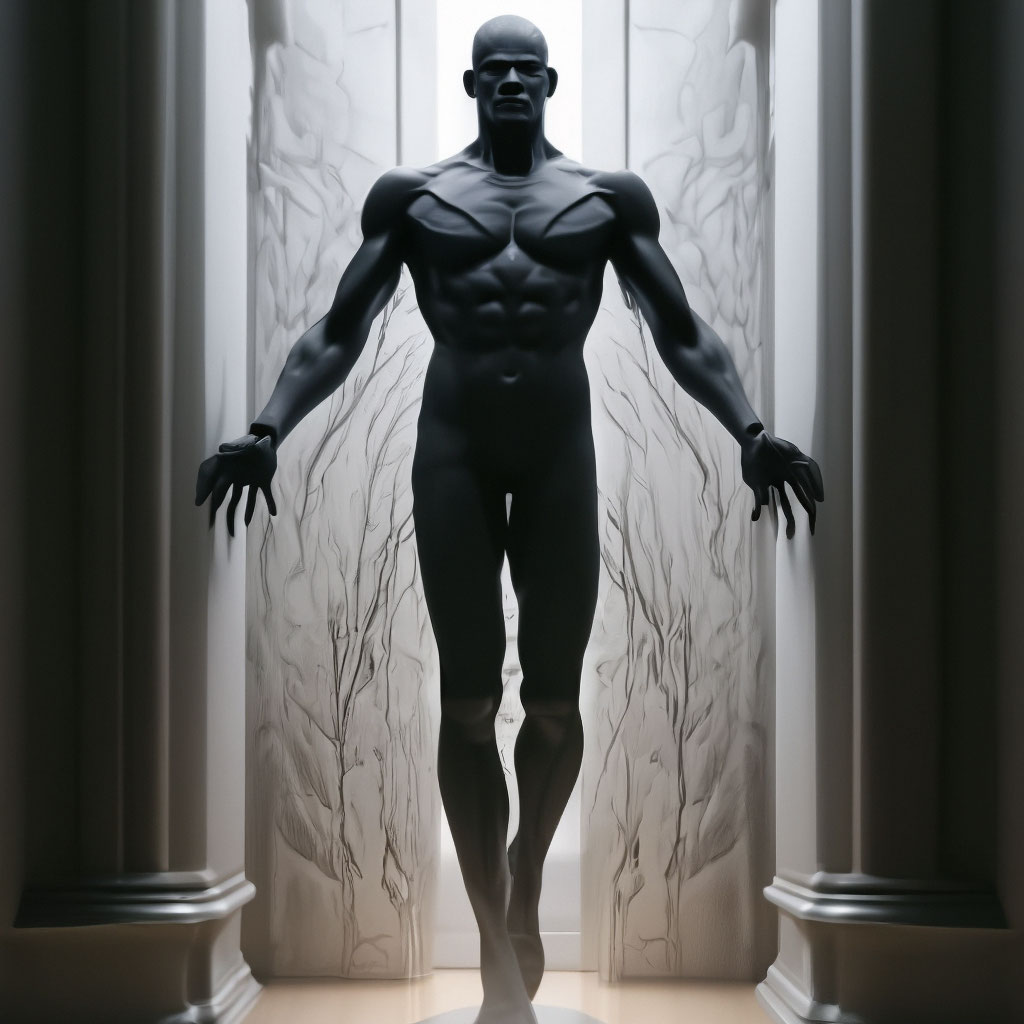 "A museum, a huge statue of a man consists of a web of hands up to the ...