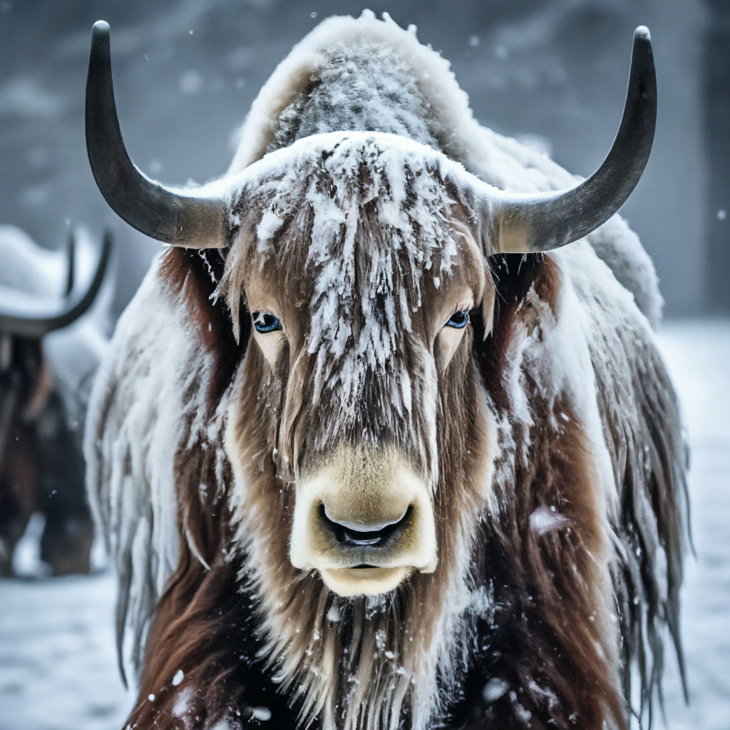 "Ice age, blizzard, huge yak plodding forward, snow flakes in wool ...