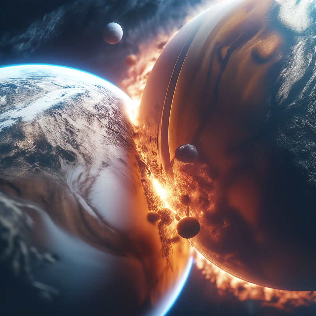 "Collision of two planets, beautiful, realistic, professional photo, 4k ...