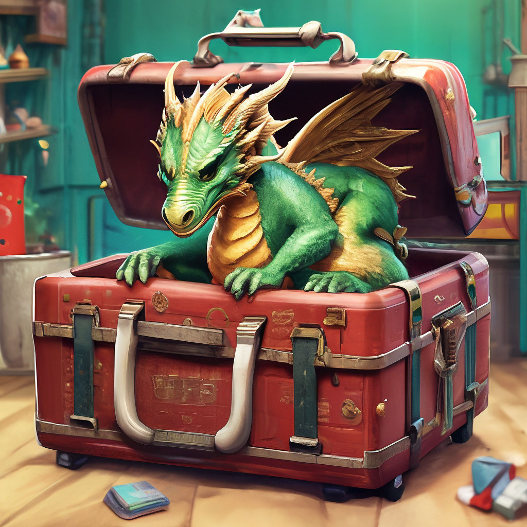 "A large suitcase with a dragon hidden in it with a scarf around its ...