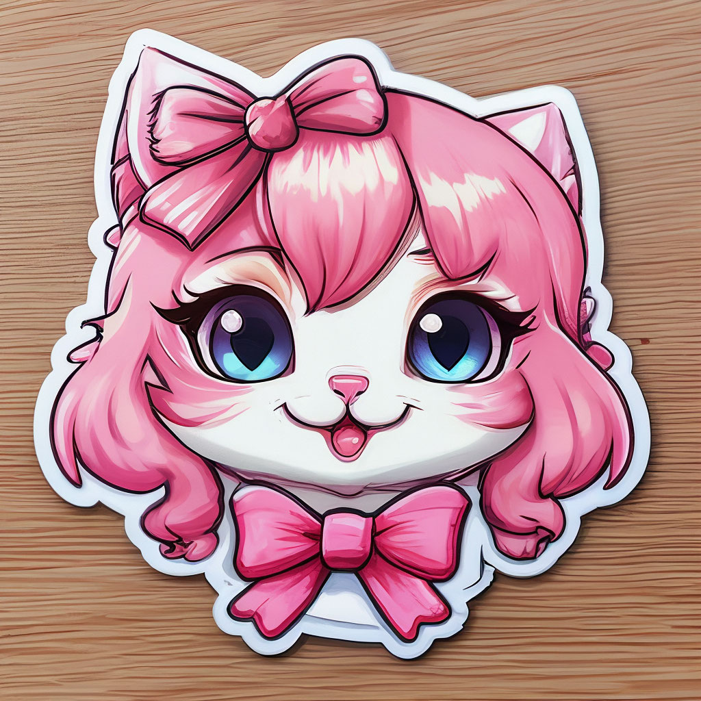 "Cute pink cat smiling, long eyelashes, anime-style bow sticker with ...