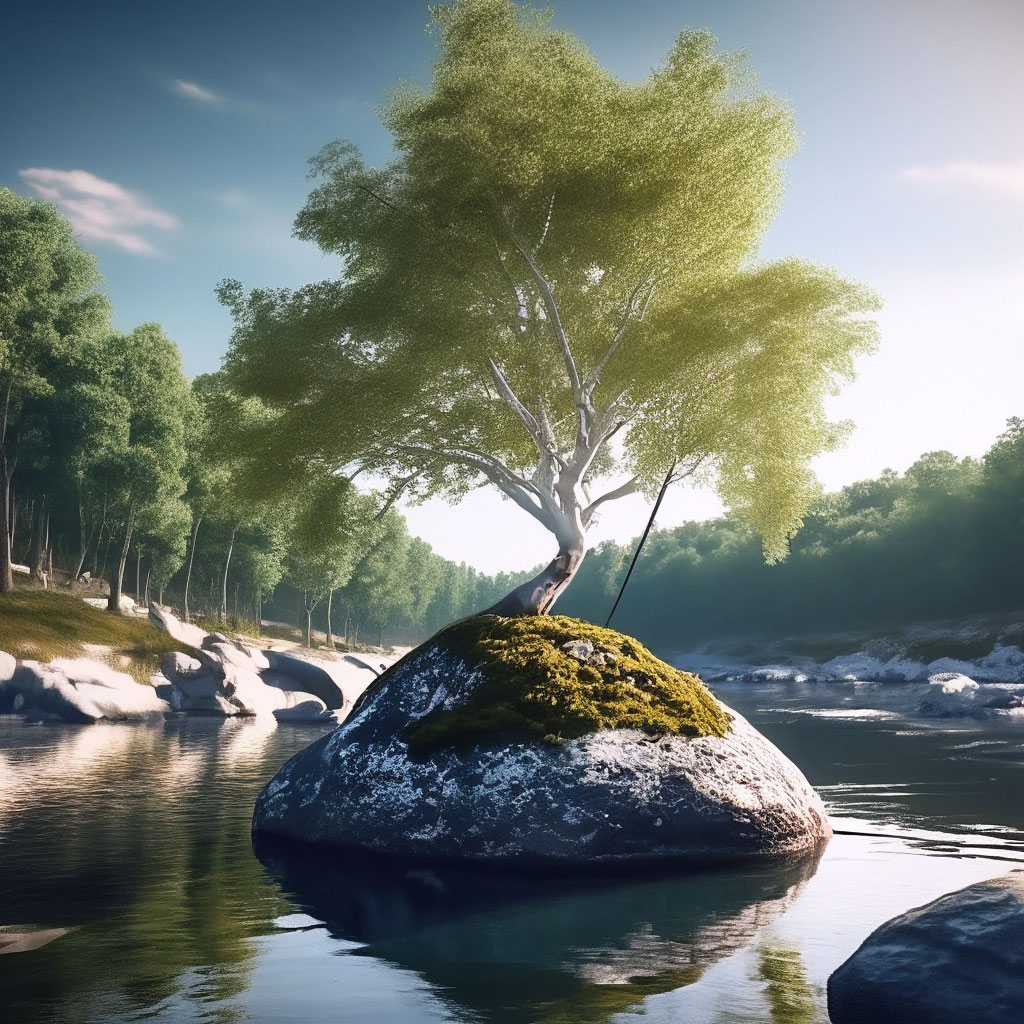 "A birch tree grows on a stone in the big stone river, professional ...