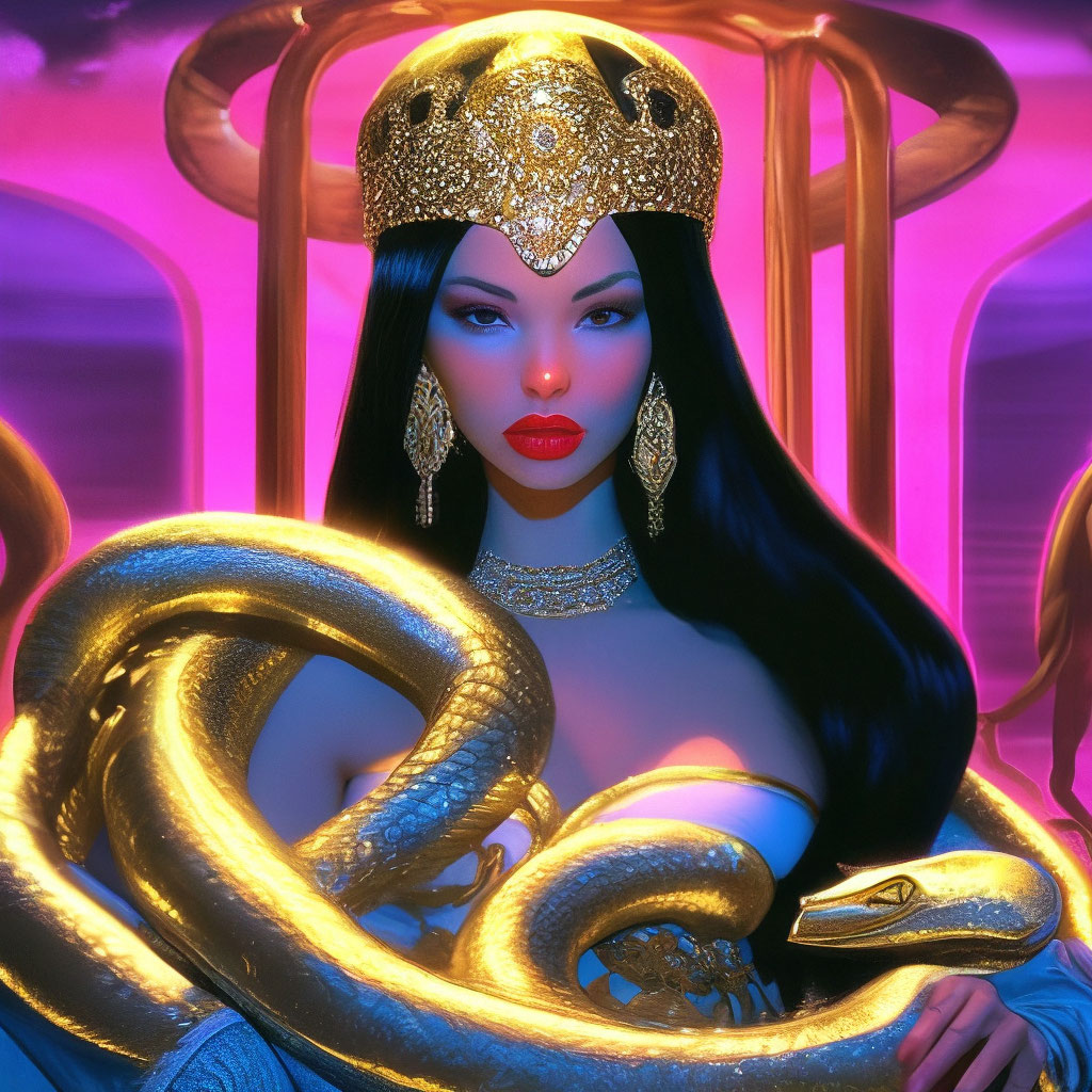 "The lady of snakes, long straight black hair, a golden snake tiara on ...