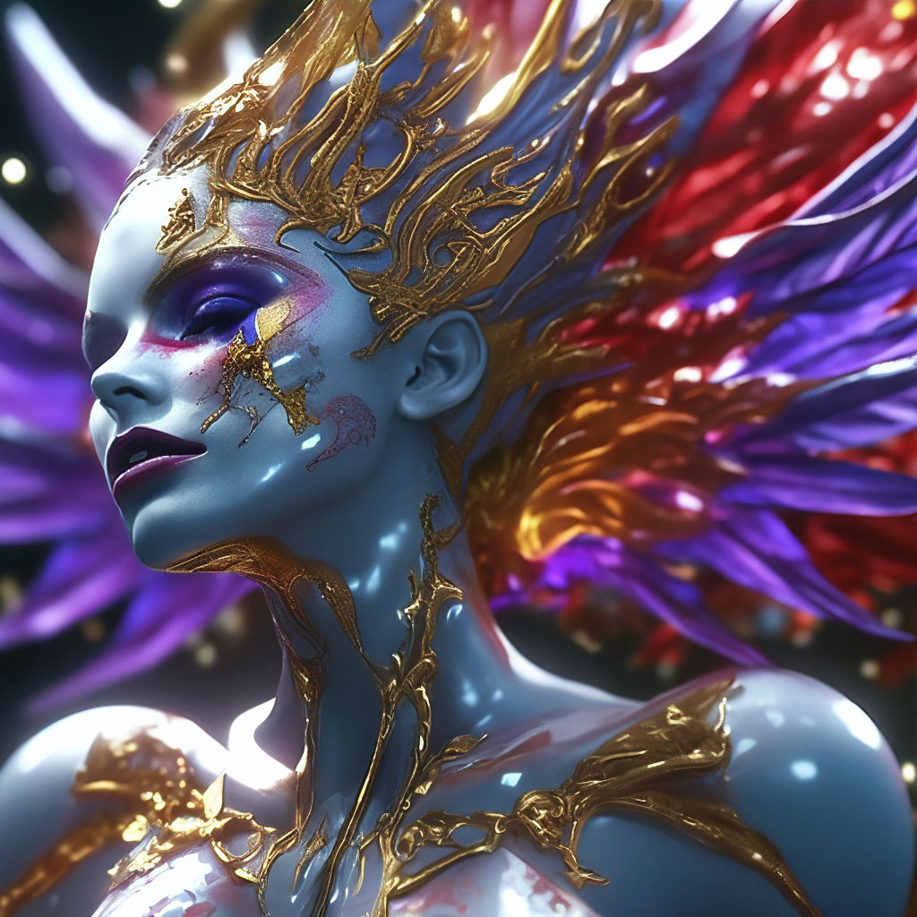"Jester girl, beautiful female body, expressive bust, exoskeleton ...