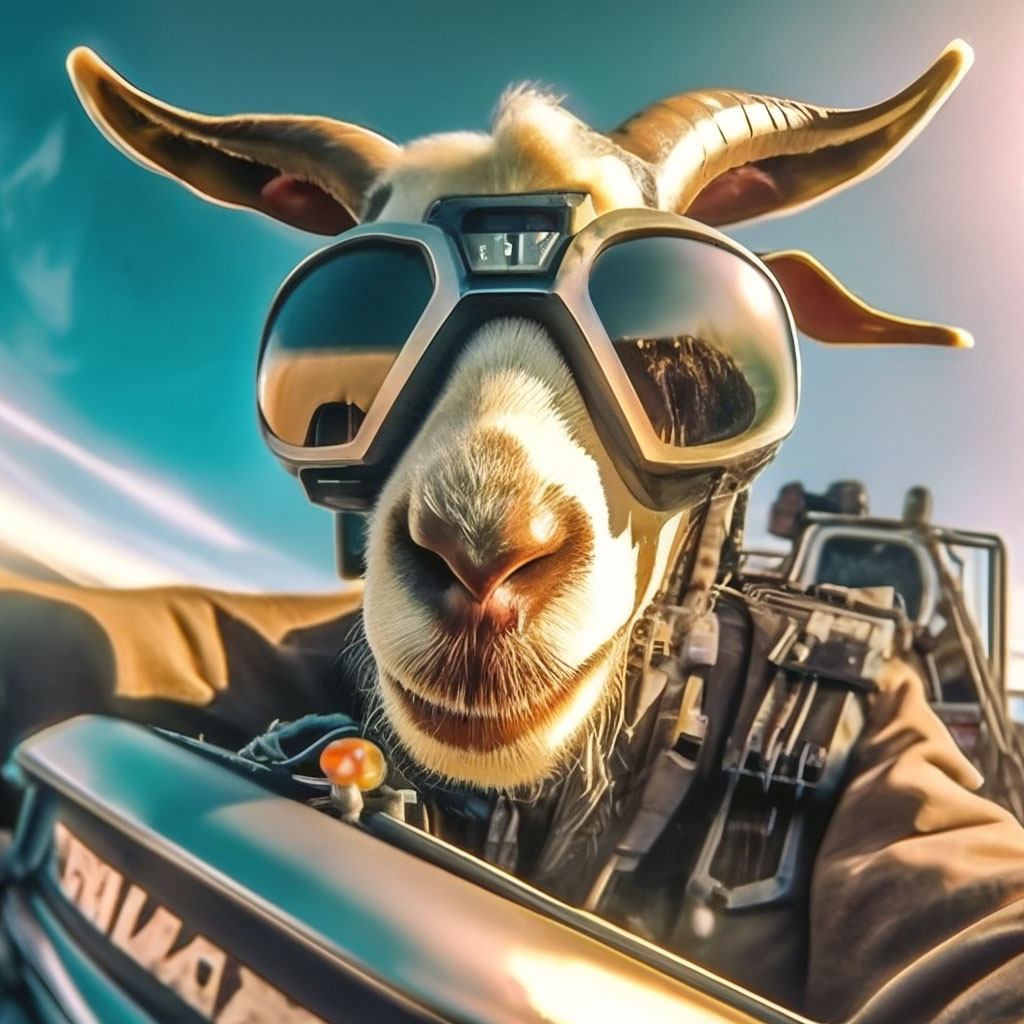 "A goat at the wheel of an airplane 16777216K, UHD, high resolution ...