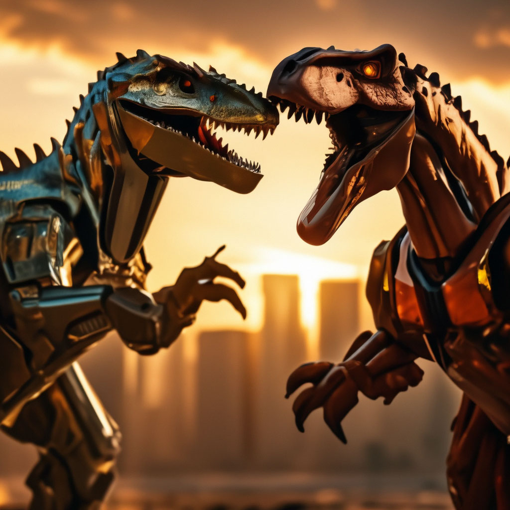 "Dinosaur robot fights with dinosaur" — image created in Shedevrum