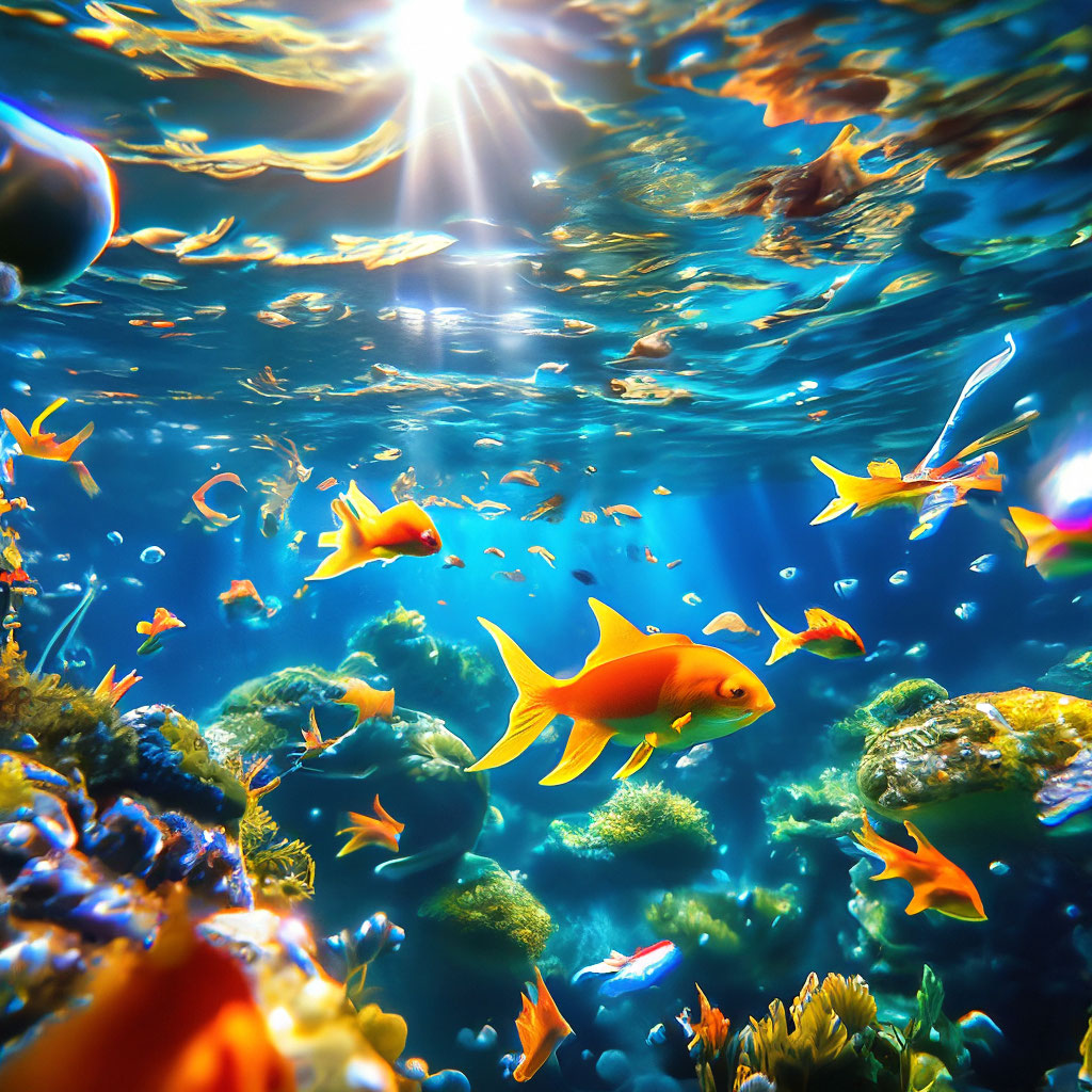 "The world of water, fish, bubbles everywhere, small fish swim in ...