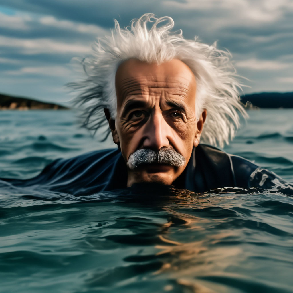"Alebrt Einstein is happily swimming in the ocean. In swimming trunks ...