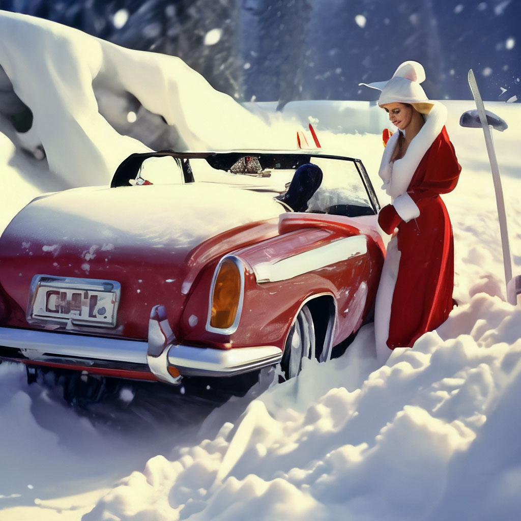 "A convertible gets stuck in a snow captivity,in a large snowdrift, in ...