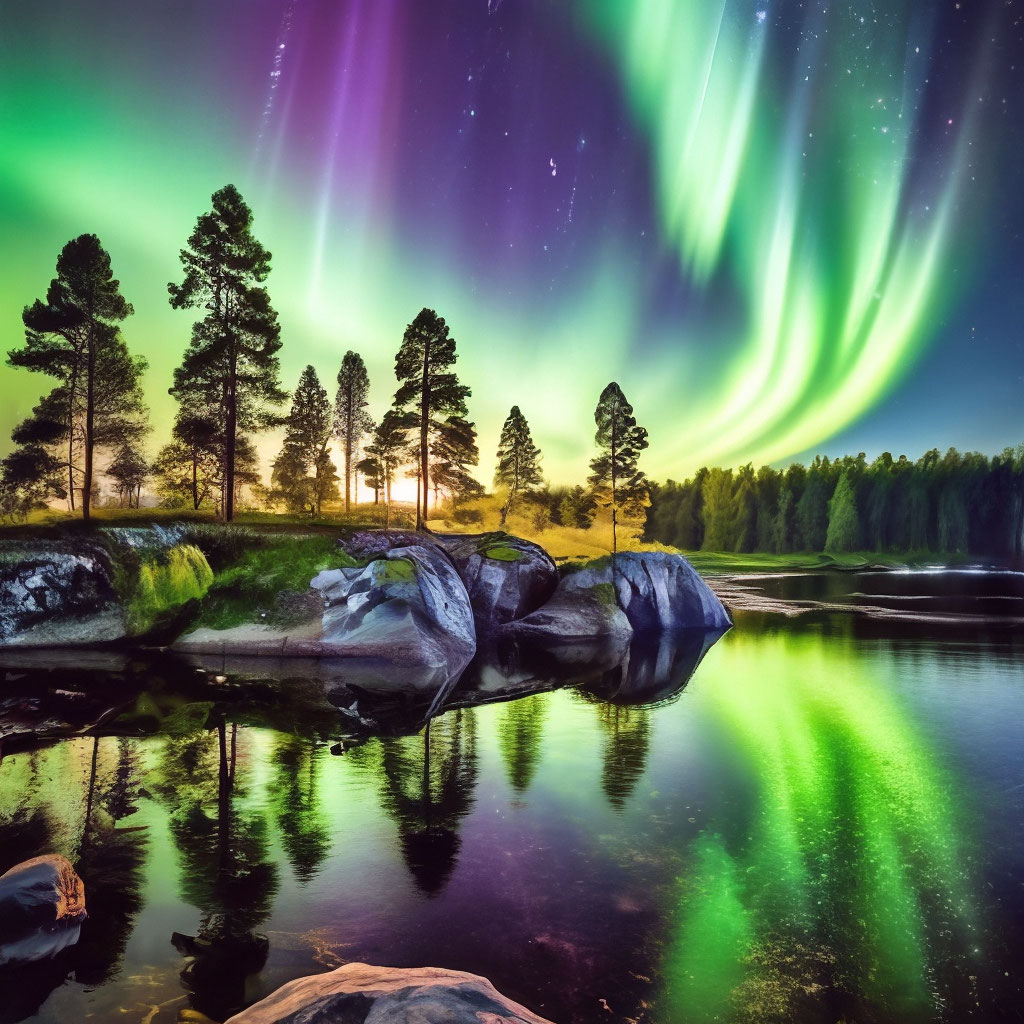 "Gorgeous northern lights in Karelia,landscape lake,rocky,wooded area ...