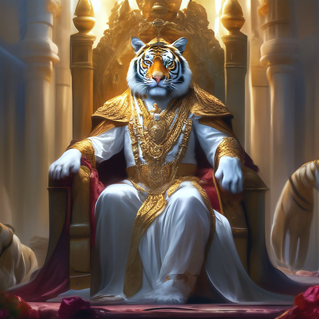 "The tiger king in royal attire sits on the throne, aesthetically ...