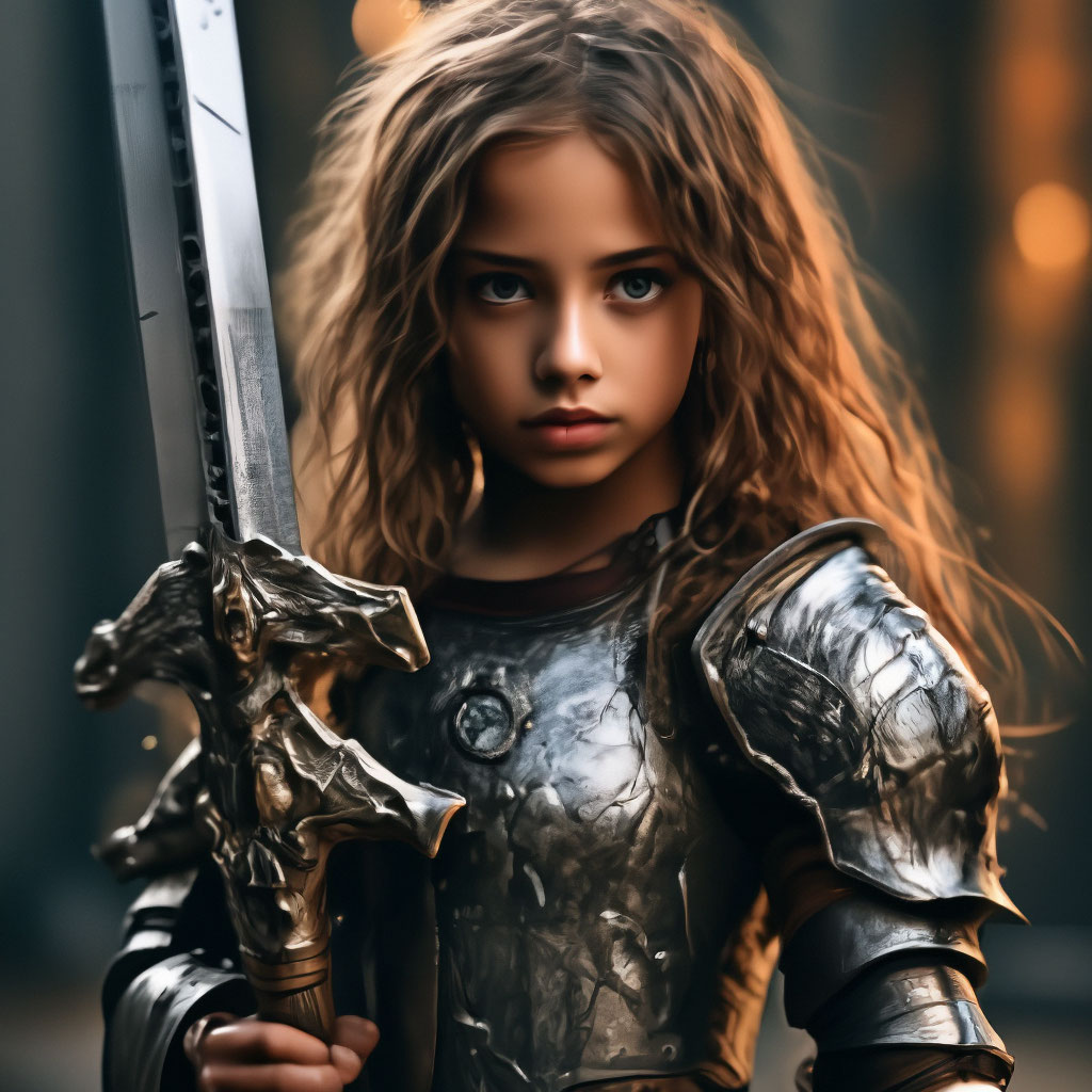 "Cute girl with a knight with a giant sword" — image created in Shedevrum