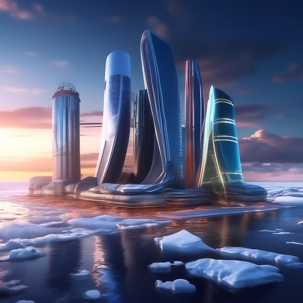 "Moscow city on an iceberg in the open ocean, surrealism high detail ...
