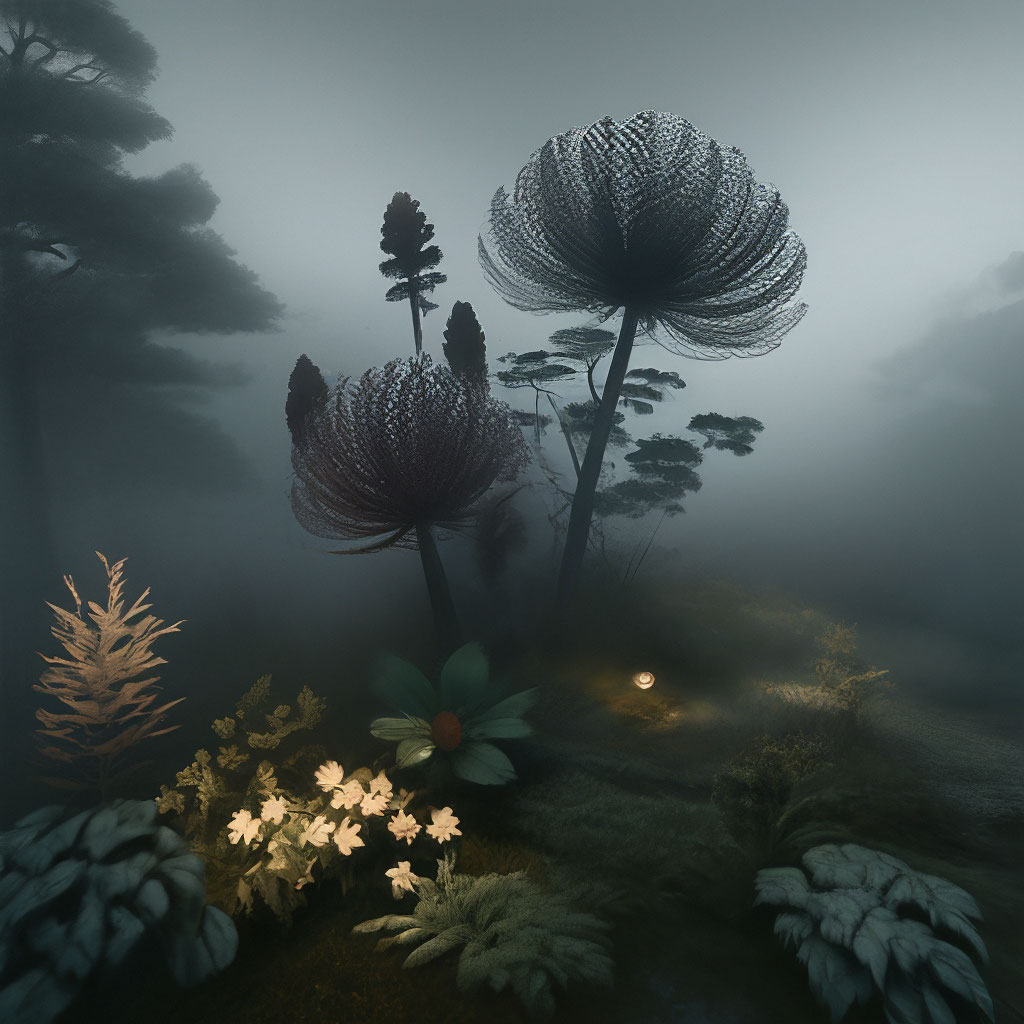 "Dark botanical,fog,5D" — image created in Shedevrum