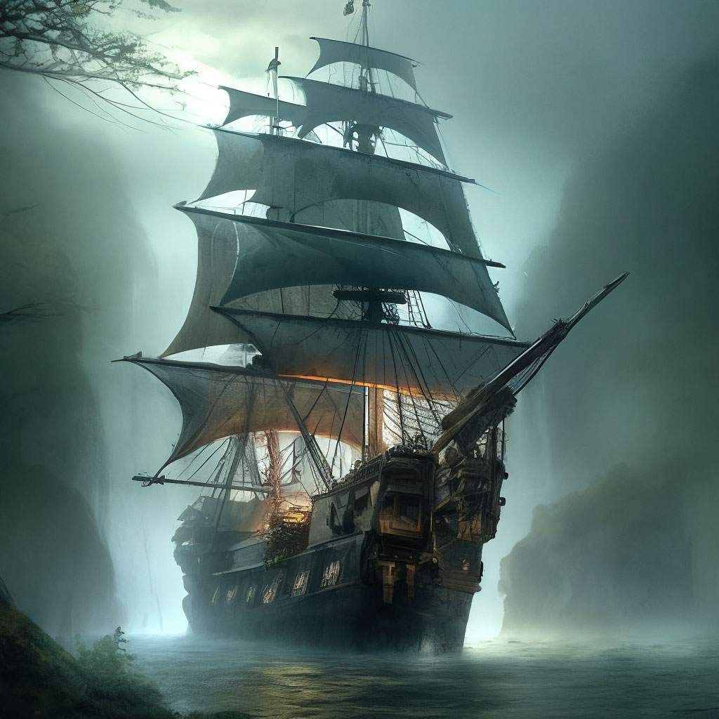 "A magnificent beautiful pirate ship with sails" — image created in ...