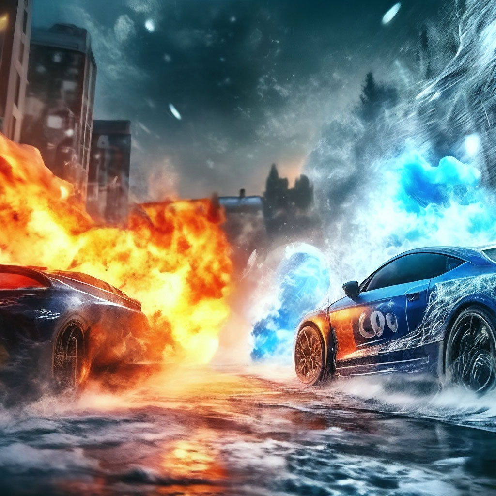 "The battle of the ice magician and the fire magician, in the city, the ...
