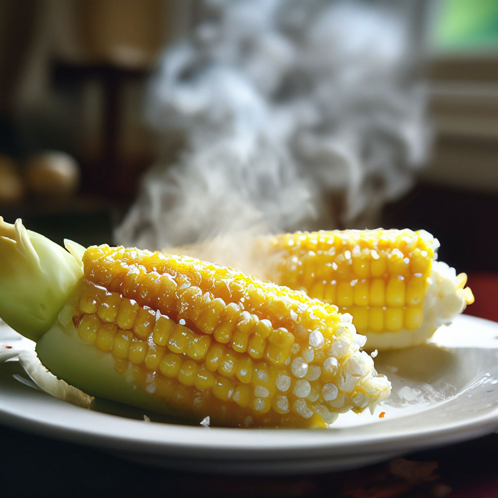 "Photorealism, sweet hot corn, steam, salt, on a plate, high detail ...