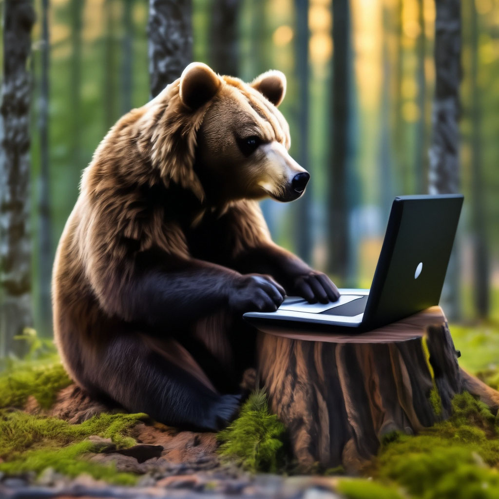 "A bear is working at a computer on a stump in the forest" — image ...