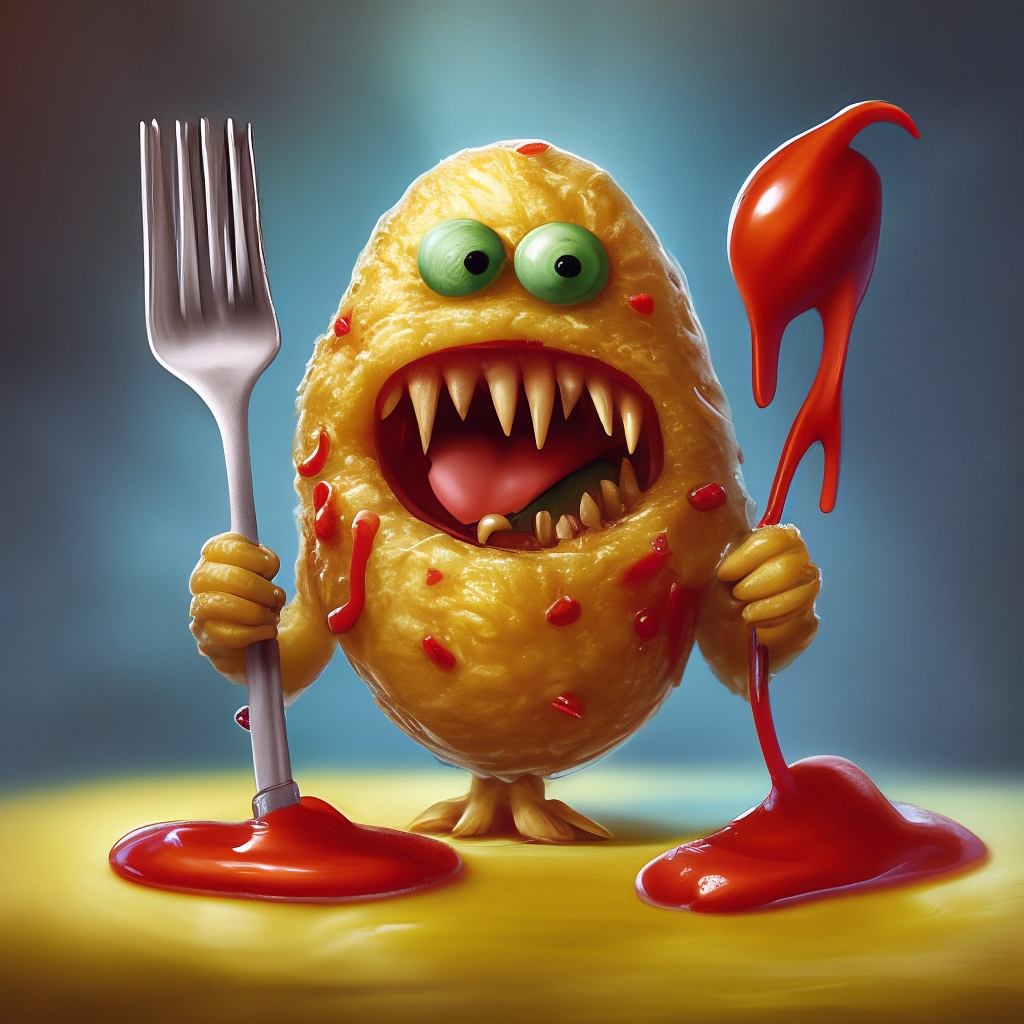 "Potato creep, a fabulous monster with a tongue sticking out. Holding ...