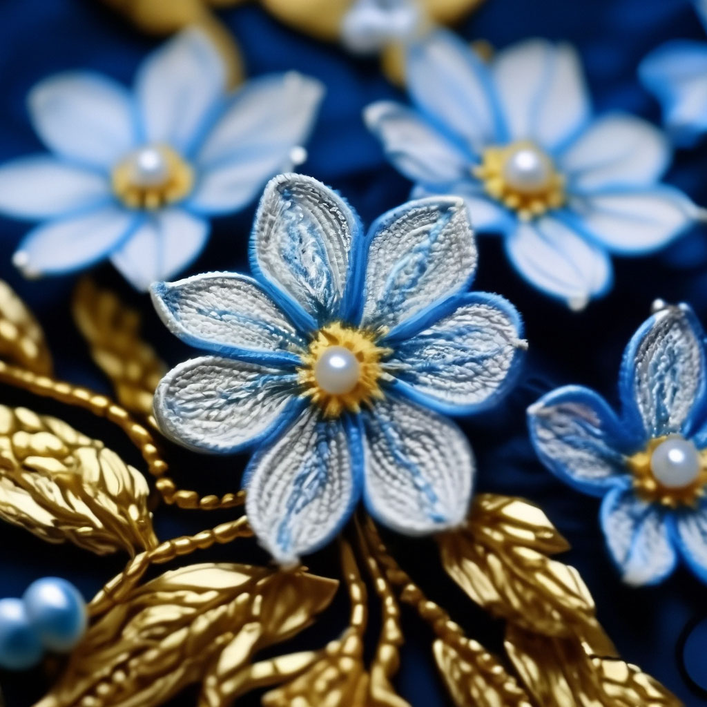 "Forget-me-nots and gypsophila embroidery using golden threads on ...