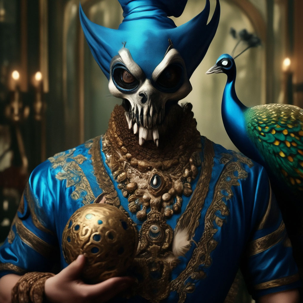 "Scary genie and peacock horror" — image created in Shedevrum