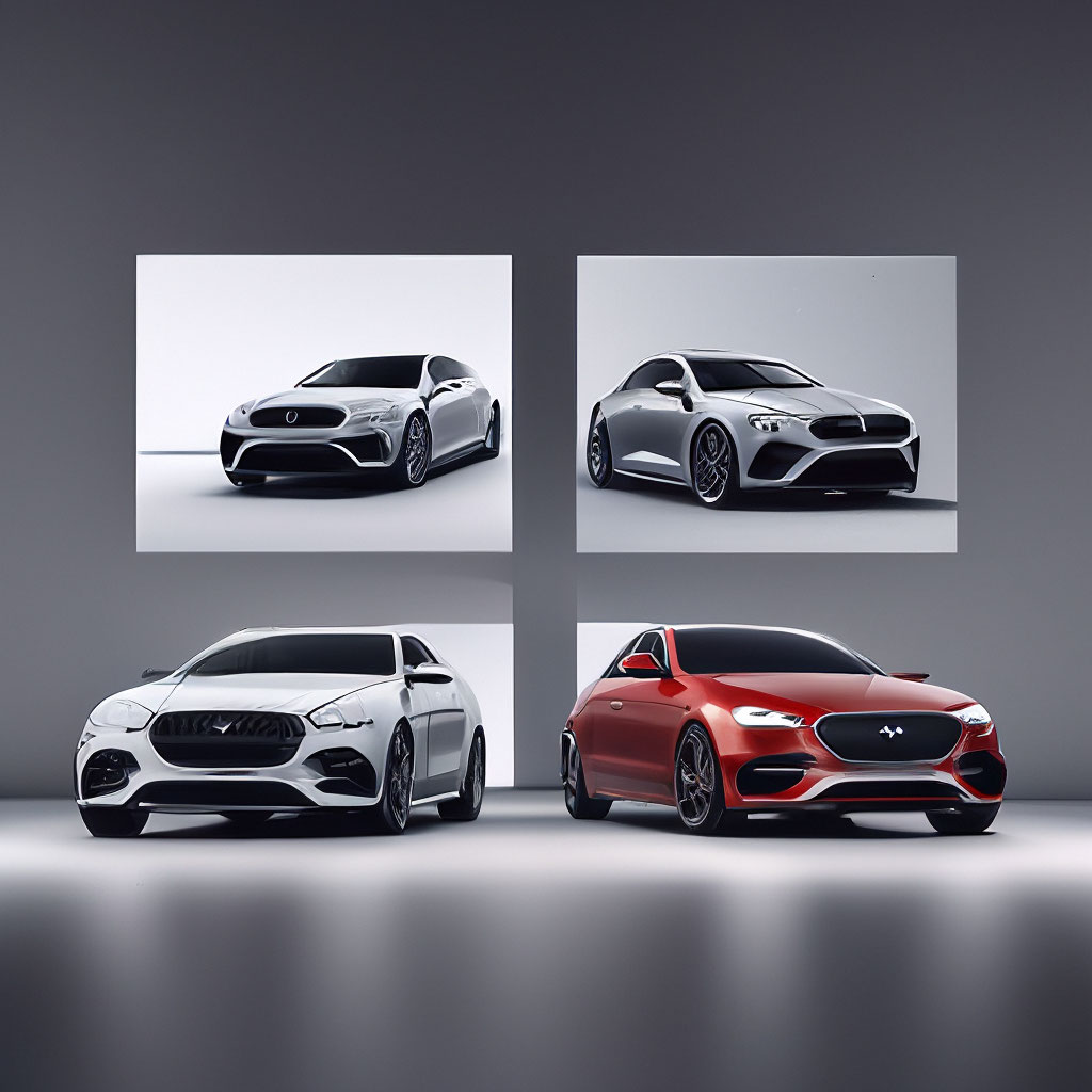 "Poster, collage of four square images, sedan car, white background ...