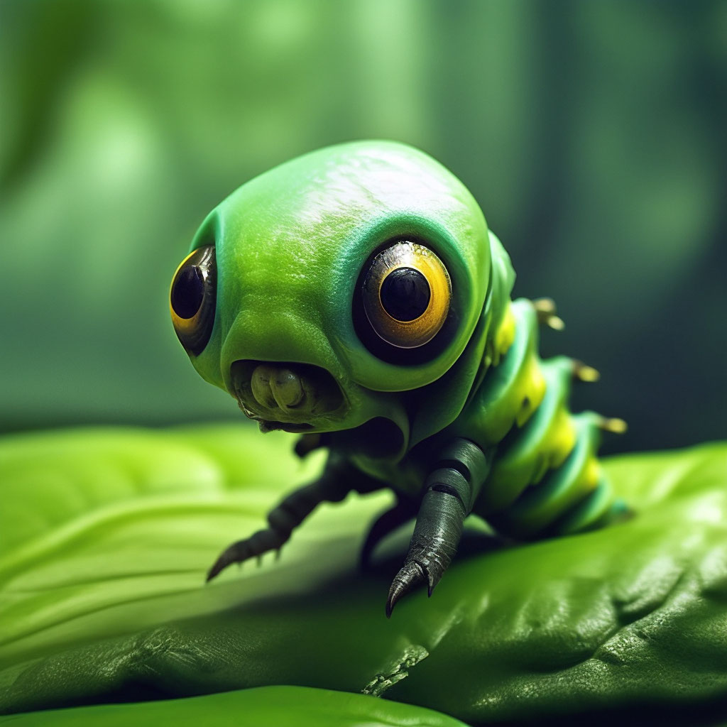 "Anthropomorphic larva with bulging eyes on a green leaf, horror ...