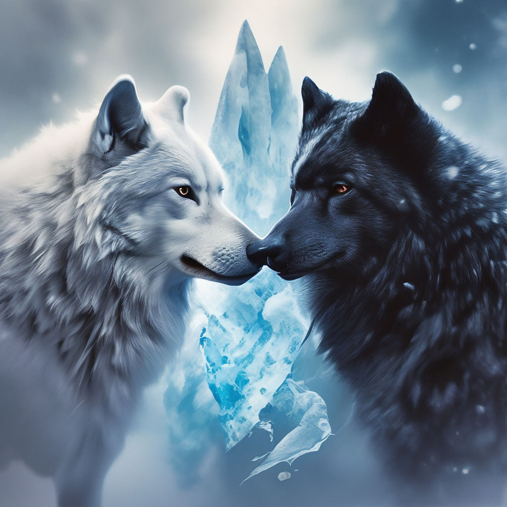 "Ice wolf and smoky black wolf" — image created in Shedevrum
