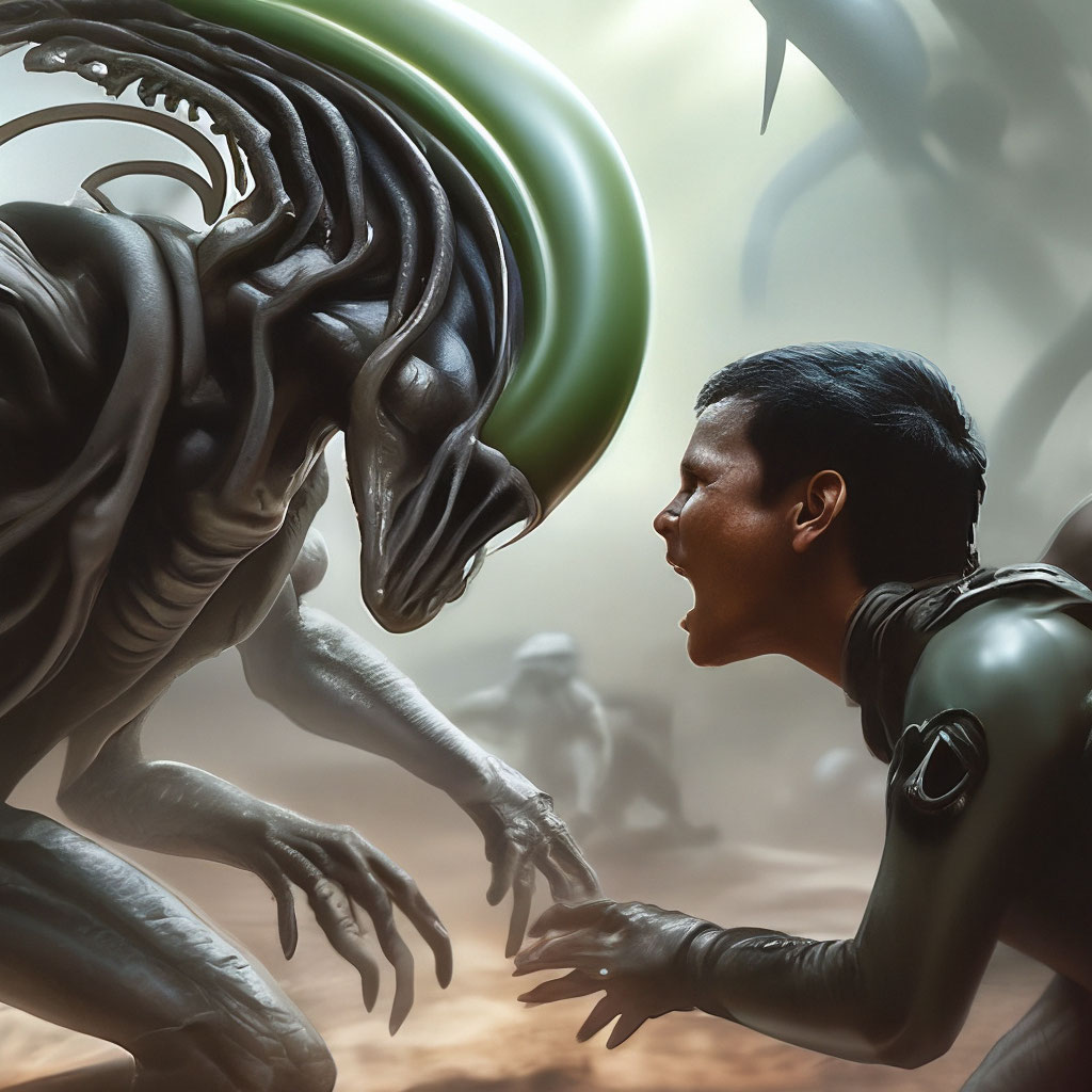 "Alien xenomorphs against humans, realistic" — image created in Shedevrum