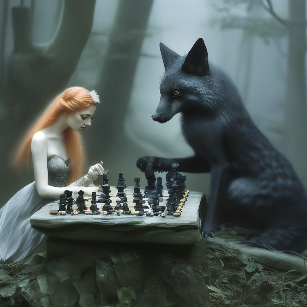 "Fairy plays chess with a fox" — image created in Shedevrum