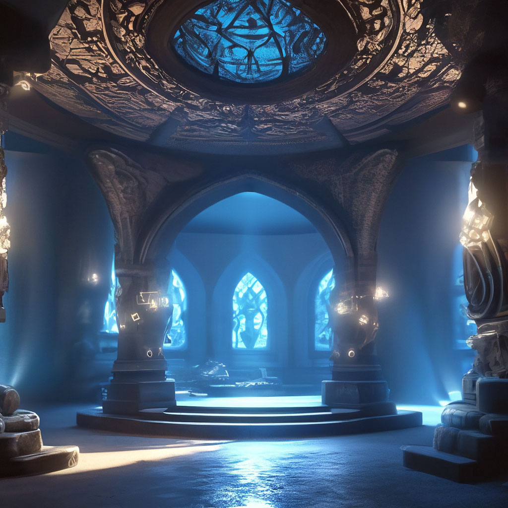 "Underground grotto with gloomy light, carved ornament on the walls and ...