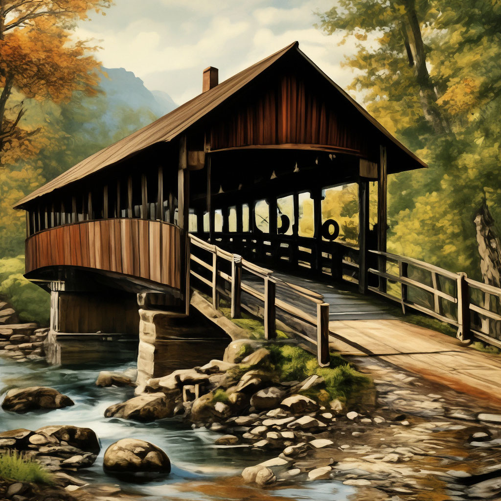 "Old covered wooden bridge of the 19th century: vintage illustration ...