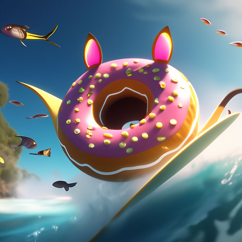"Donut with ears on a surfboard catches flying fish, computer graphics ...