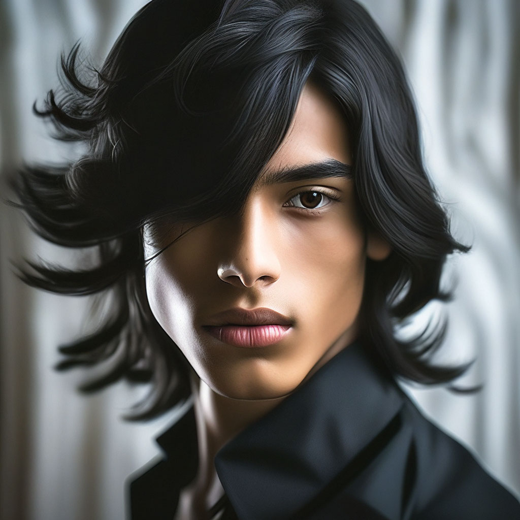 "Voices in the head of a schizophrenic handsome long black straight ...